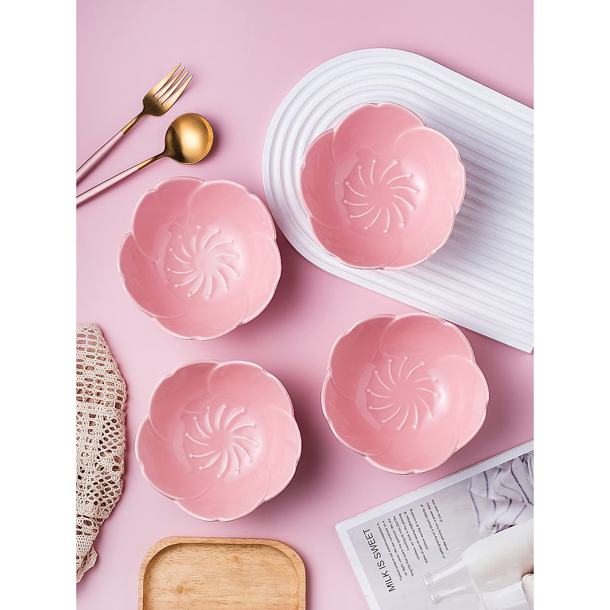 Jusalpha 4 Packs- Large 16.5 OZ Cherry Blossom Series Porcelain Serving Bowls, Cereal Bowls, Soup Bowls, Salad Bowl, Cereal, Pasta, Desserts and Daily Use - Bowl 005 (Pink)