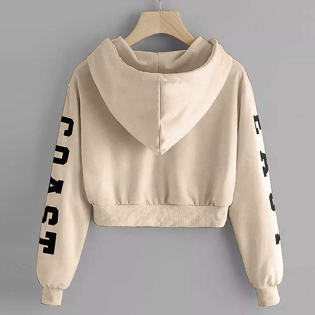 Bblulu Women's Letter Print Sweatshirt Raw Hem Drawstring Crop Top Hoodie Solid Color Pullover Hooded Sweatshirts