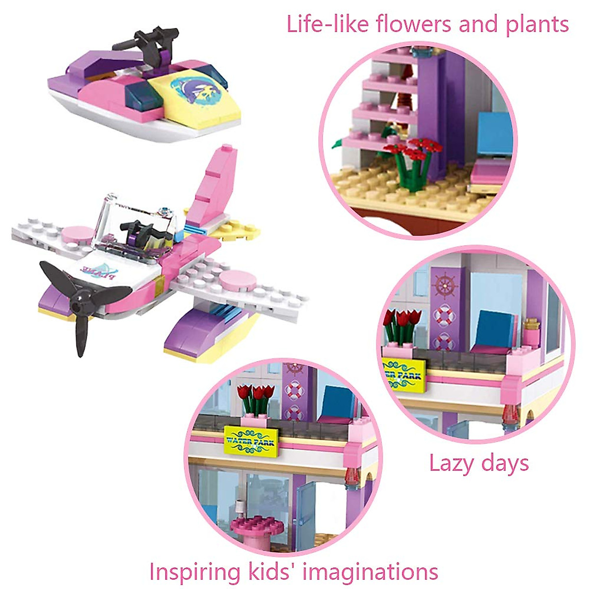 DEFICOSY Dream Girls Beach House Building Blocks Toys, Building Set Big Beach Villa with Seaplane, Water Scooter and Jet Ski, Fun Preschool Educational Toys for Boys and Girls 6-12 Years Old 423Pcs
