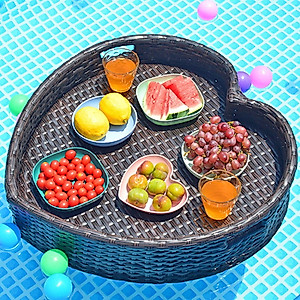 Creative Heart-Shaped Floating Pool Tray, Handmade Carefully Rattan Woven Serving Basket Table & Bar for Sandbars, Spas, Bath, and Parties, Serving Drinks, Brunch, Food on The Water