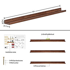AZSKY Floating Wood Wall Shelves Light Walnut 48 Inch Long Hanging Picture Photo Ledge Shelf Rustic Modern Narrow Shelves for Wall Decor Storage and Display Nursery Book Shelves a Set of 3