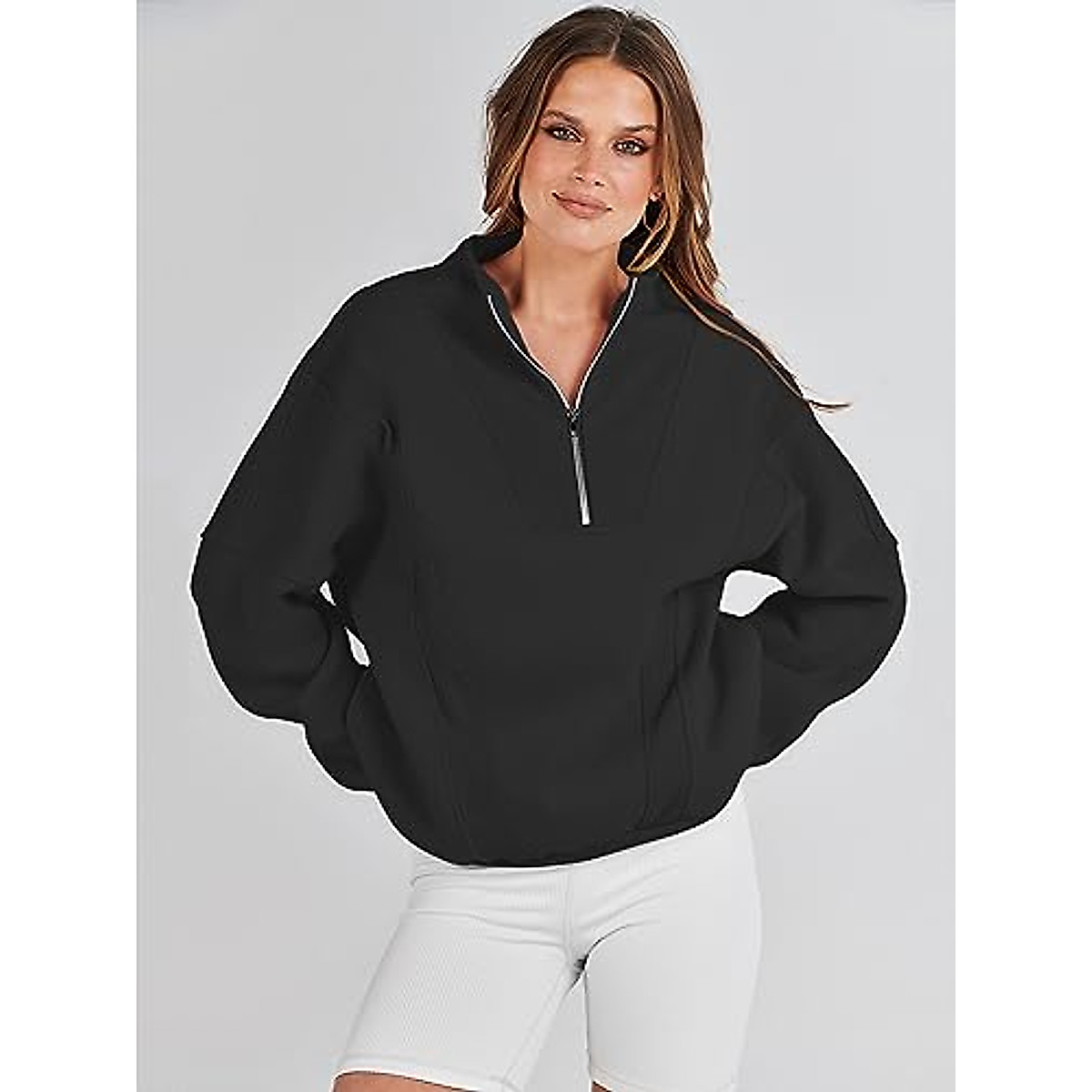 Caracilia Womens Half Zip Sweatshirts Long Sleeve Oversized Cute Hoodies Teen Girls Y2K Fall Winter Trendy Quarter Zip Loose Fit Outfits Sweater 2023 Fall Fashion C115A1-heise-XL Black