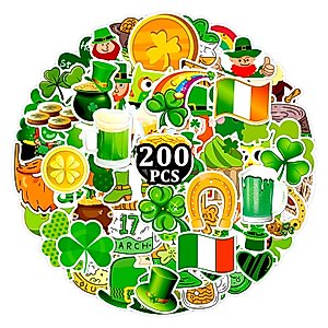 Celaza 200pcs St.Patricks Stickers, Self-Adhesive Stickers with Shamrocks Clover Gold Coin Sticker, St.Patricks Day Goodie Bags Fillers for Kids Wraps Decorations Ornaments