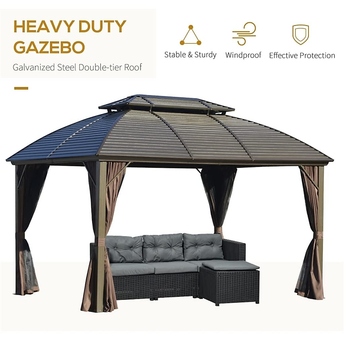 LUKEO 10x12 Hardtop Gazebo with Aluminum Frame, Metal Roof Gazebo Canopy with Curtains and Netting for Gardens, Patios