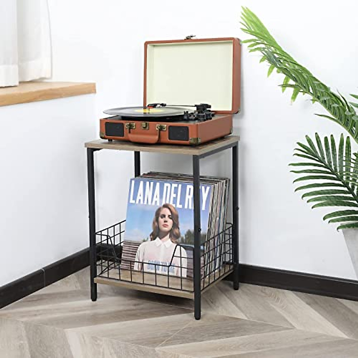2-Tier Record Player Table, Industrial Retro Side Table Nightstand Small End Table for Living Room Bedroom Kitchen Office Small Spaces, Record Player Stand with Record Album Storage-Rustic Brown