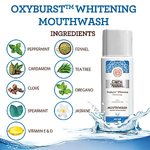 GuruNanda Oxyburst Teeth Whitening Mouthwash - 20 Fl.Oz. (591 ml) Wild Mint Flavor - Alcohol Free, Fluoride Free Mouthwash, Dentist Recommended Mouth Rinse with Pure Essential Oils, Vitamin D & E, Old