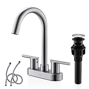 KENES 4 Inch 2 Handle Centerset Bathroom Faucet, Brushed Nickel Lead-Free Modern Commercial Bathroom Sink Faucet, with Pop Up Drain and Two Water Supply Lines, KE-9019