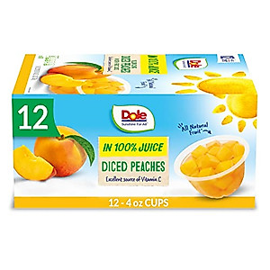 Dole Fruit Bowls Diced Peaches in 100% Juice, Back To School, Gluten Free Healthy Snack, 4oz, 12 Cups
