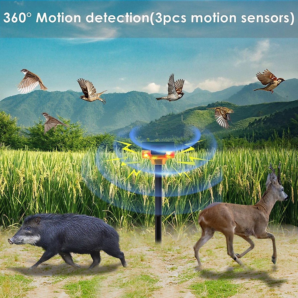 HULPPRE Solar Outdoor Motion Sensor Alarm-Dog Barking&Gunshot Sound,130db Loud Noise Maker,Support Recording,13 Kinds of Sound Strobe Light with USB,Say Goodbye to The Intruders