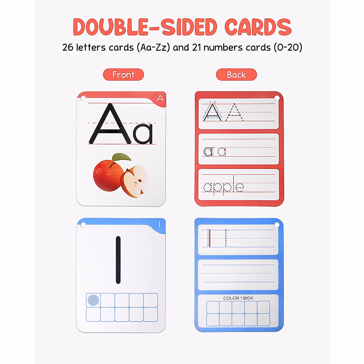 Gamenote Dry Erase Alphabet and Number Flash Cards - Write and Wipe Laminated ABC Letter Tracing Practice Card for Kindergarten (47 Flashcards with 2 Rings and Marker)