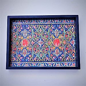 Decorative Tray Vintage Wooden Trays Blue Centerpiece Tray Coffee Table Tray Bohemian Handmade Serving Tray Large Tray Dining Table Decor Wood Trays Coffee Trays New Home Warming Gifts – 16x12x2”