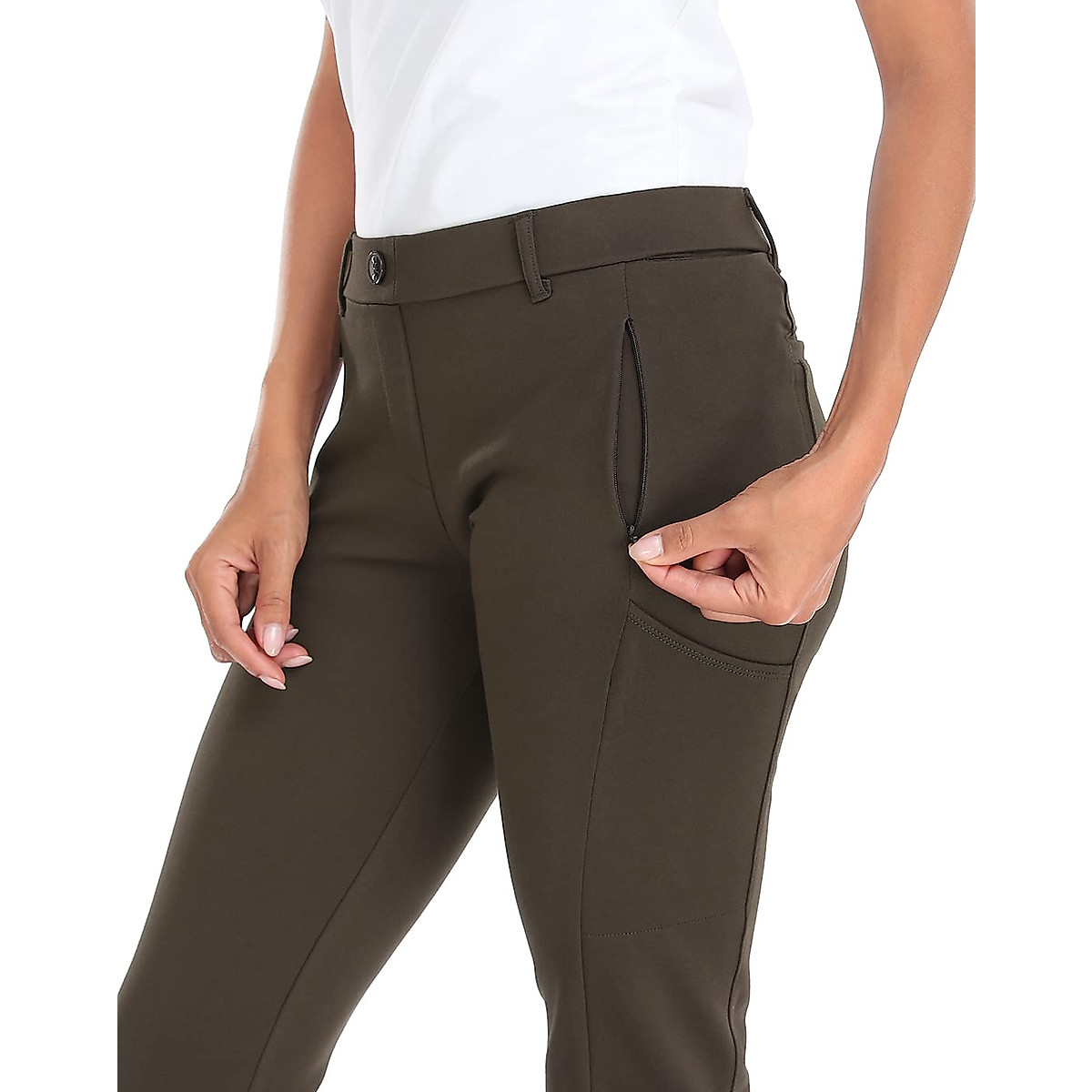 HDE Yoga Dress Pants for Women Straight Leg Pull On Pants with 8 Pockets Brown - M
