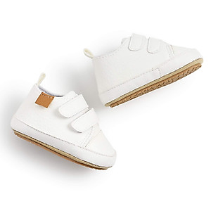 SOFMUO Baby Boys Girls High Top Ankle Leather Sneakers Soft Rubber Sole Infant Moccasins Newborn Oxford Loafers Anti-Slip Toddler Wedding Uniform Dress Shoes(A01/White,12-18 Months)