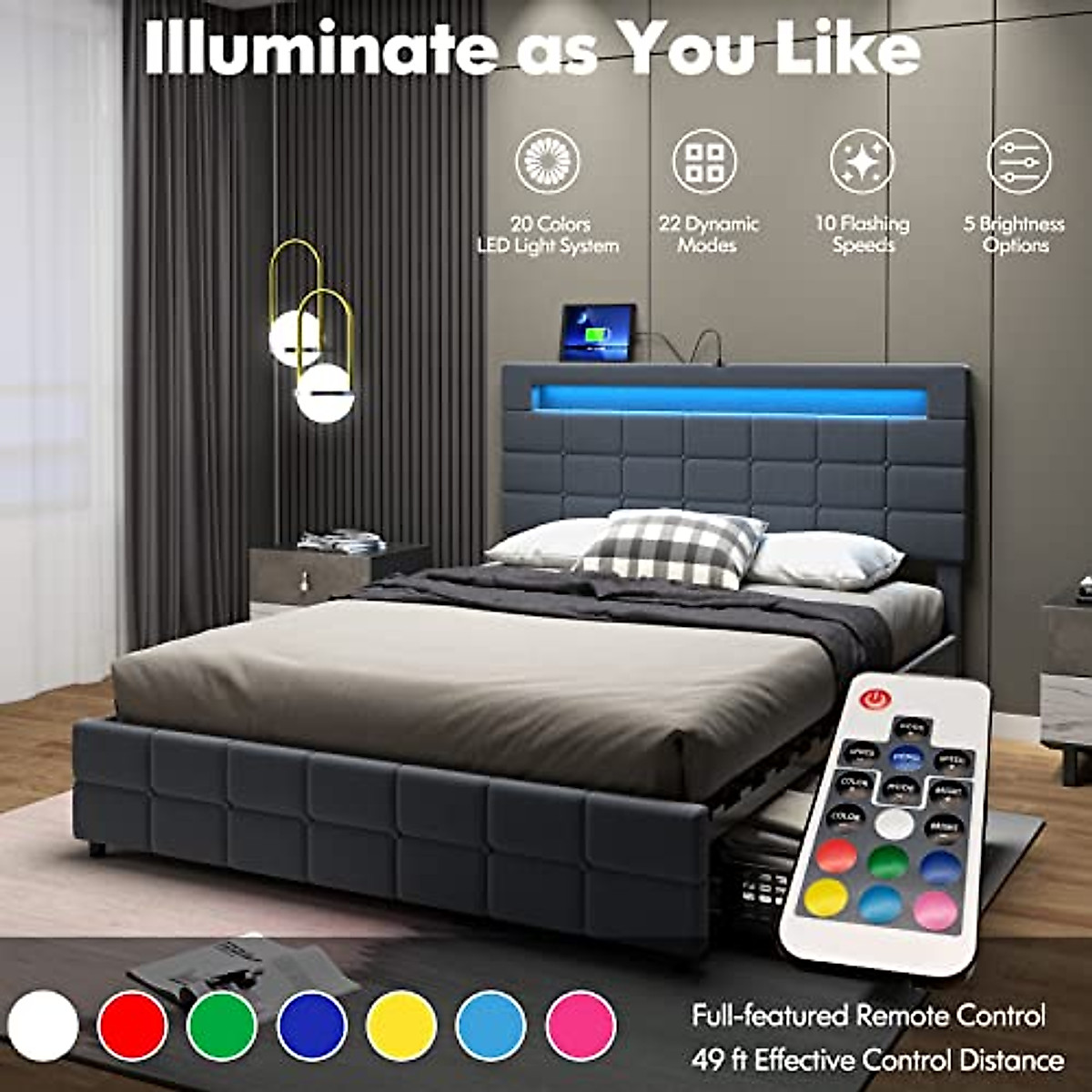 Giantex Queen Bed Frame with LED Lights and 4 Drawers, Upholstered Platform Bed Frame with USB Ports, Tufted Adjustable Headboard Design, Solid Wooden Slat Support, No Box Spring Needed