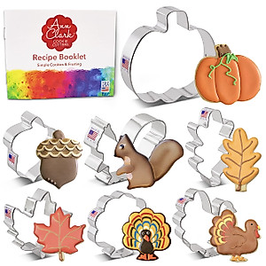 Fall and Thanksgiving Cookie Cutters Set 7-Pc. Made in the USA by Ann Clark, Pumpkin, Maple Leaf, Turkey, Squirrel, Acorn