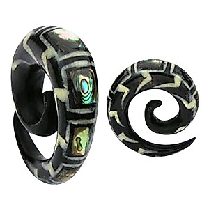 Lobal Domination PAIR of Organic Abalone Inlay Horn Spiral Tapers Plugs Gauges 2g,0g,00g (00g (10mm))