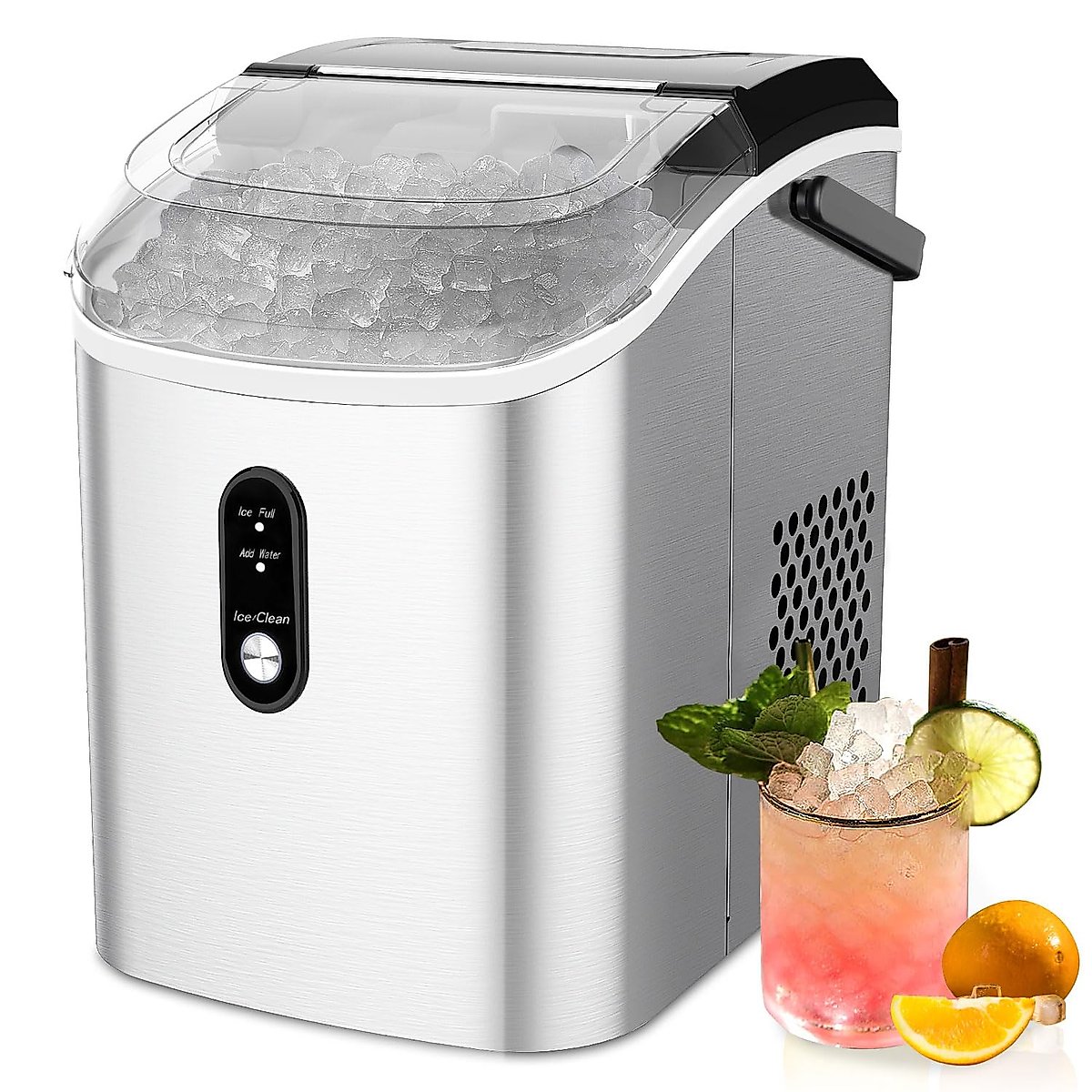 Kndko Nugget Ice Maker Countertop,33lbs/Day, Pellet ice Maker,a Basket in 1.5 Hour, Self-Cleaning, One-Click Design, Compact Crushed Ice Maker with Chewy Ice for Home Bar Party，Silver