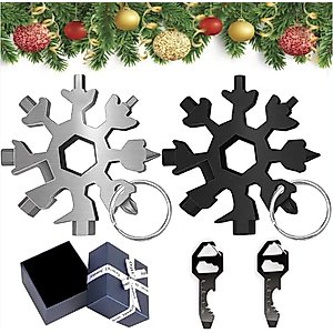 OOYCYOO 2 Pack Snowflake 18-in-1 Multi Tool, Christmas Stocking Stuffers for Men Women,Stainless Steel Snowflake Key Chain Tool Flat Phillips Screwdriver Kit,Great Christmas gift (Black,Silver)
