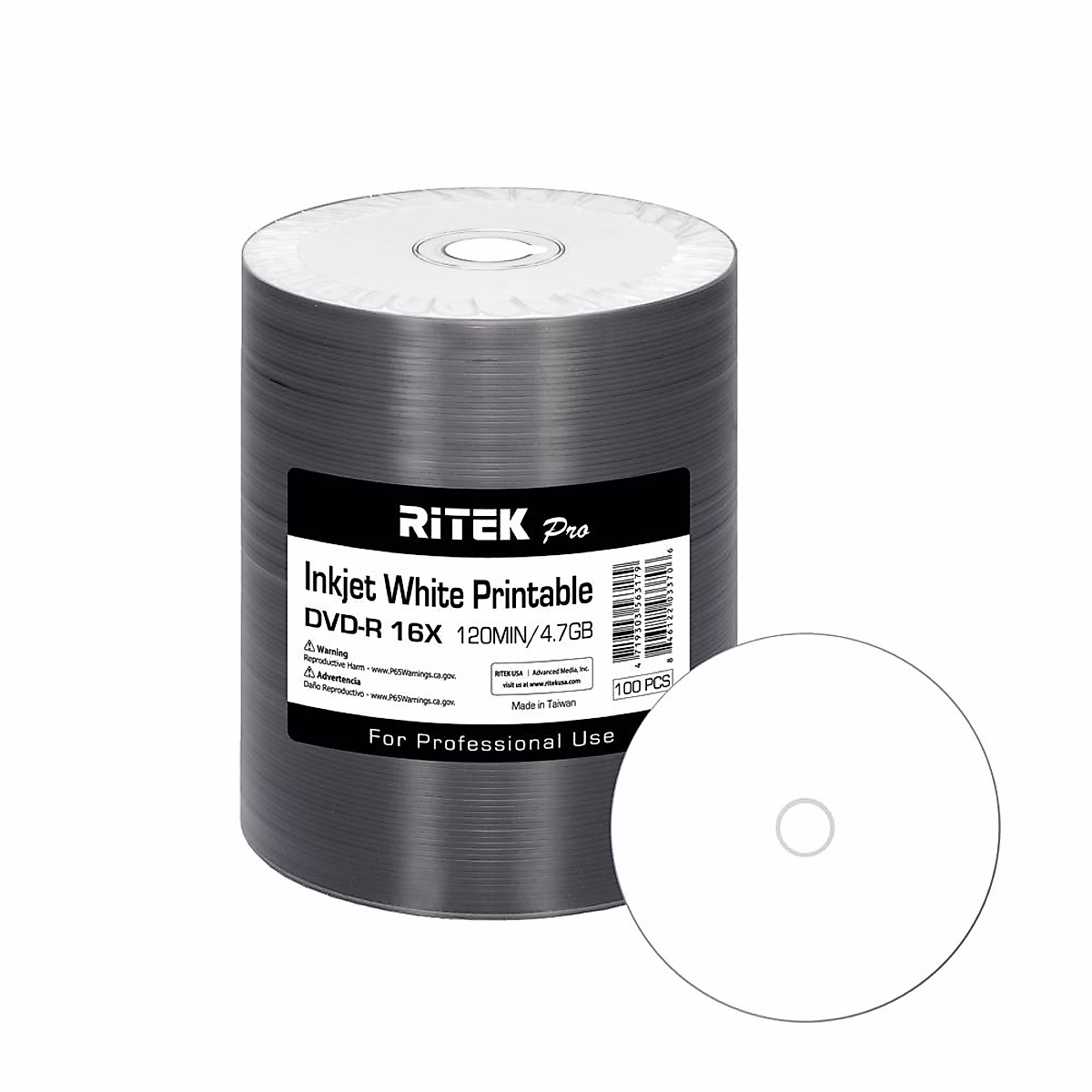 100 Pack Ritek Pro (Professional Grade) DVD-R 16X 4.7GB AZO Dye (MID MXL RG04) White Inkjet Hub Printable Blank Media Recordable Disc
