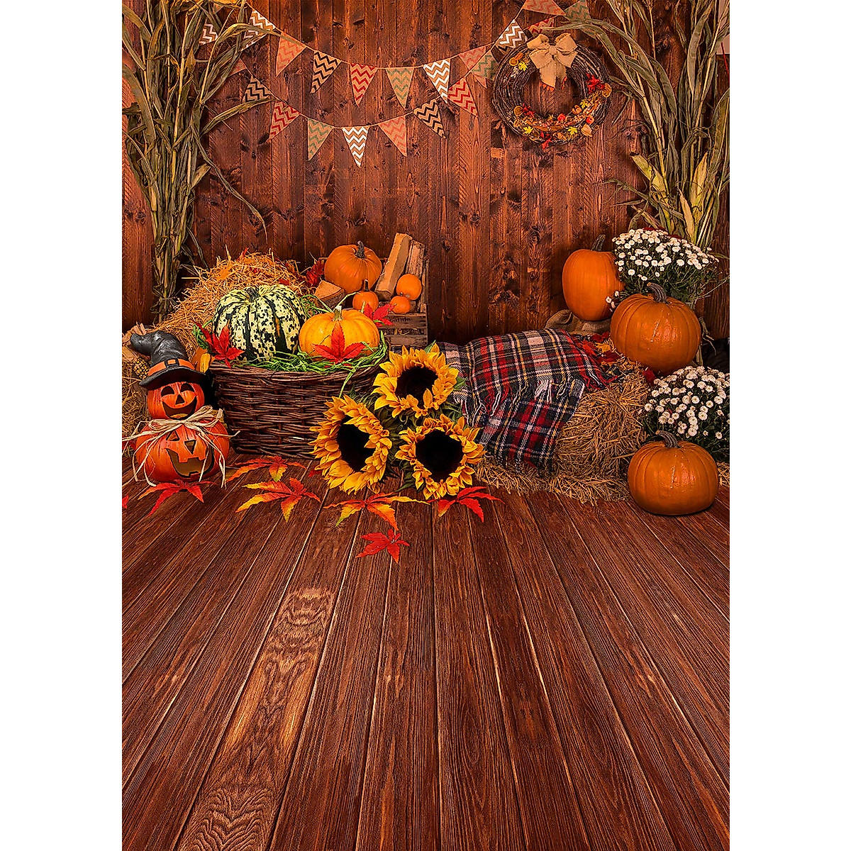 OUYIDA 5X7FT Fall Thanksgiving Wooden Floor Barn Autumn Pumpkins Maple Leaves Sunflower Baby Portrait Party Halloween Decoration Vinyl Photography Backdrop Photo Booth Background Studio Prop TP295