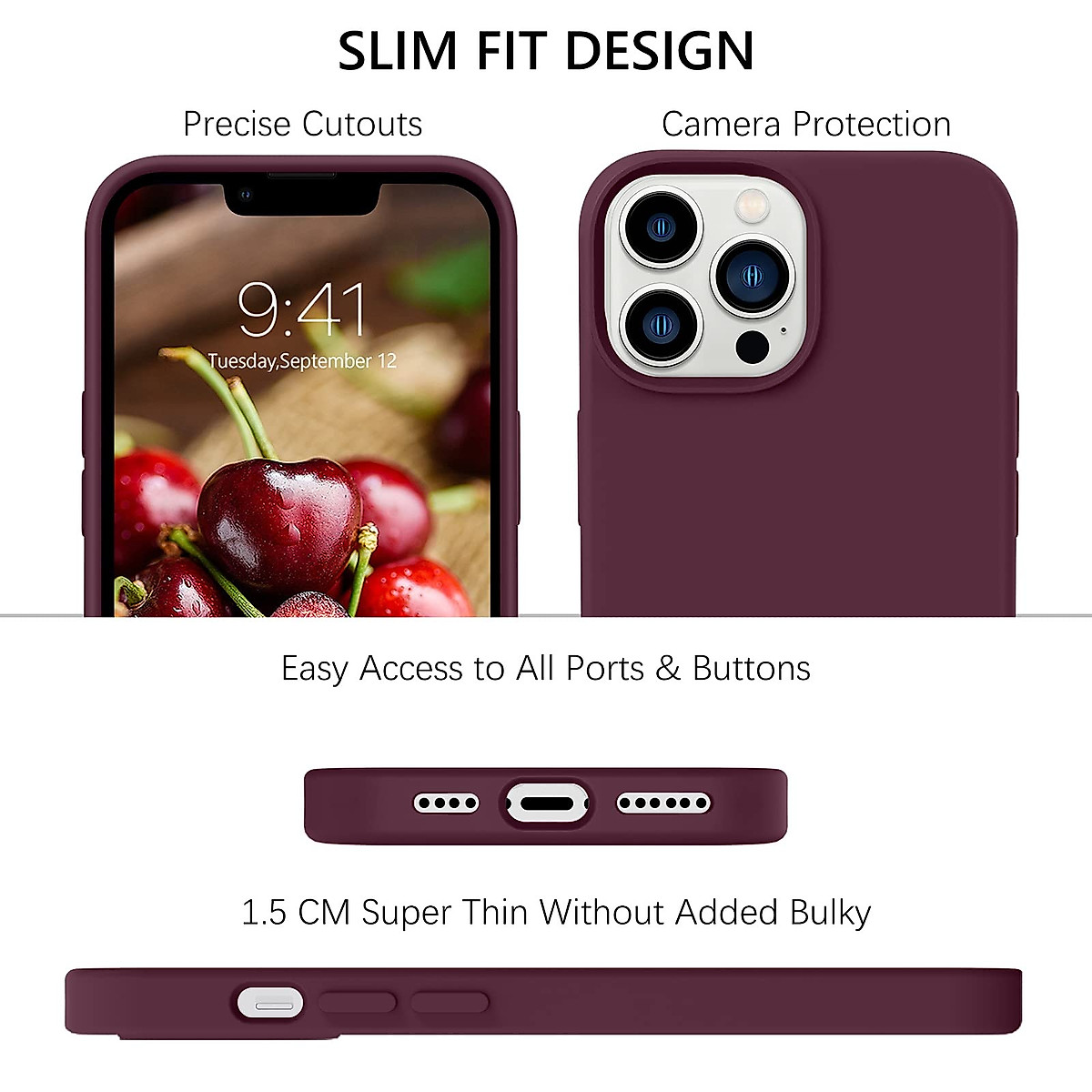 GUAGUA Compatible with iPhone 13 Pro Max Case 6.7 Inch Liquid Silicone Soft Gel Rubber Slim Microfiber Lining Cushion Texture Cover Shockproof Protective Phone Case for iPhone 13 Pro Max, Plum Red