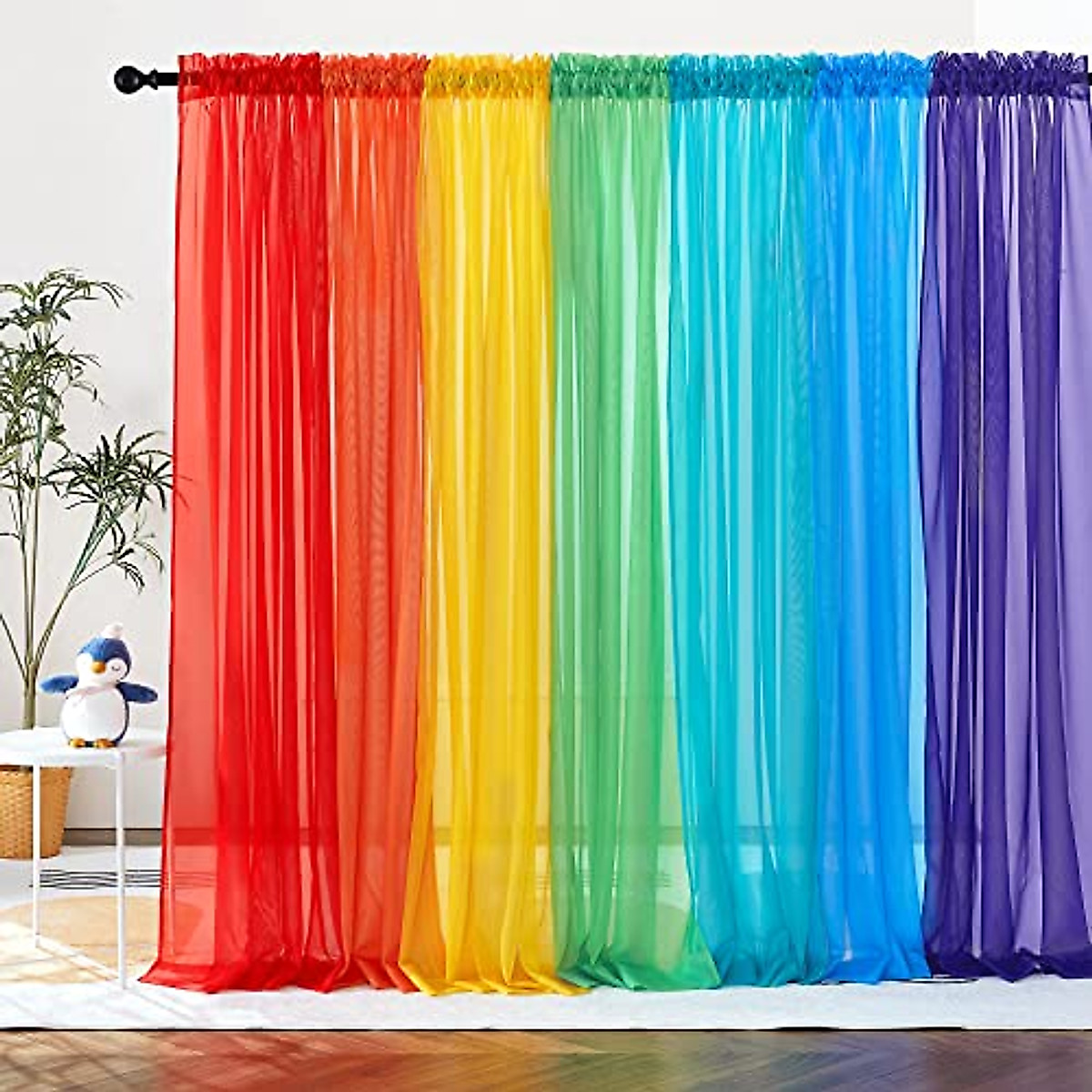PONY DANCE 7 Pieces Rainbow Sheer Curtains - Colorful Backdrop Bright Drape Set for Playroom,Nurseries,Party,Red,Orange,Yellow,Green,Cyan,Blue,Purple,84 inch Length