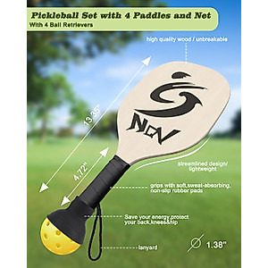 NQV Pickleball Set with Net,10FT Half Court Size Pickleball Net Portable Outdoor Indoor Driveway Home+4 Wood Paddles+4 Pickle Balls+4 Ball Retrievers, Pickleball Set for Adults Kids Beginners Pros