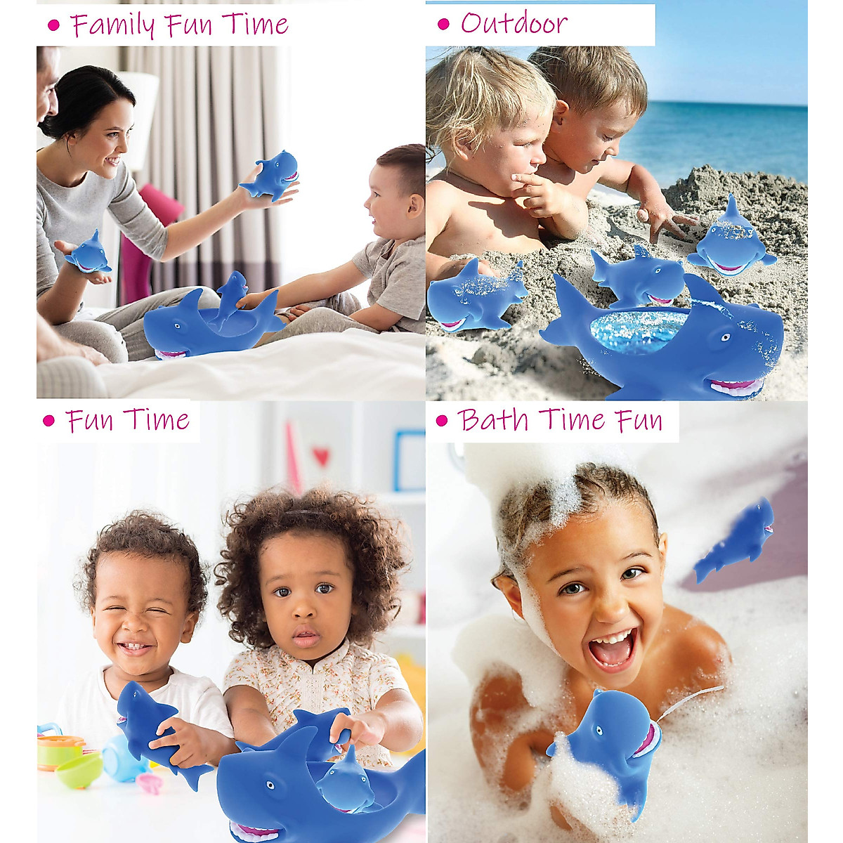 Dollibu Family Animal Bath Squirters 4 Piece Bath Toy Set, Toddler Bath Toys for Bathtime & Water Fun, Girls & Boys Floating Rubber Squirt Toys, Floaty Pool Toys for Toddlers & Kids - Blue Shark