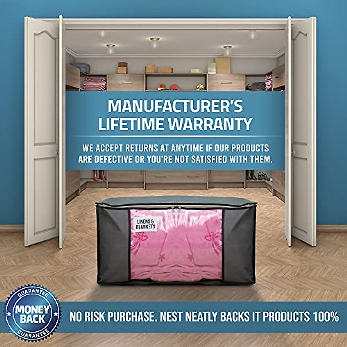 NestNeatly Large Capacity Clothes Storage Bag Organizer with Reinforced Handle for Comforters, Blankets, Bedding, Foldable with Sturdy Zipper, Clear Window, 3 Pack, Gray
