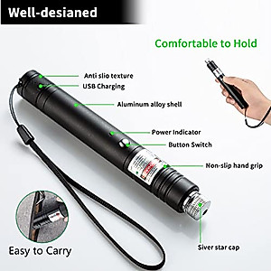 Green Laser Pointer High Power, Long Range High Power Laser Pointer, Rechargeable Pointer , Strong Lazer Pointer for Teaching Outdoor Hunting USB Rechargeable Laser Pointer Pen