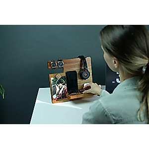 WUTCRFT - Wood Docking Station/Nightstand Organizer with Headphone Stand, Smart Watch Charging Slot, Photo Holder, and Accessory Holder, Perfect for Desk Organizer/Gifts for Men (Dark)