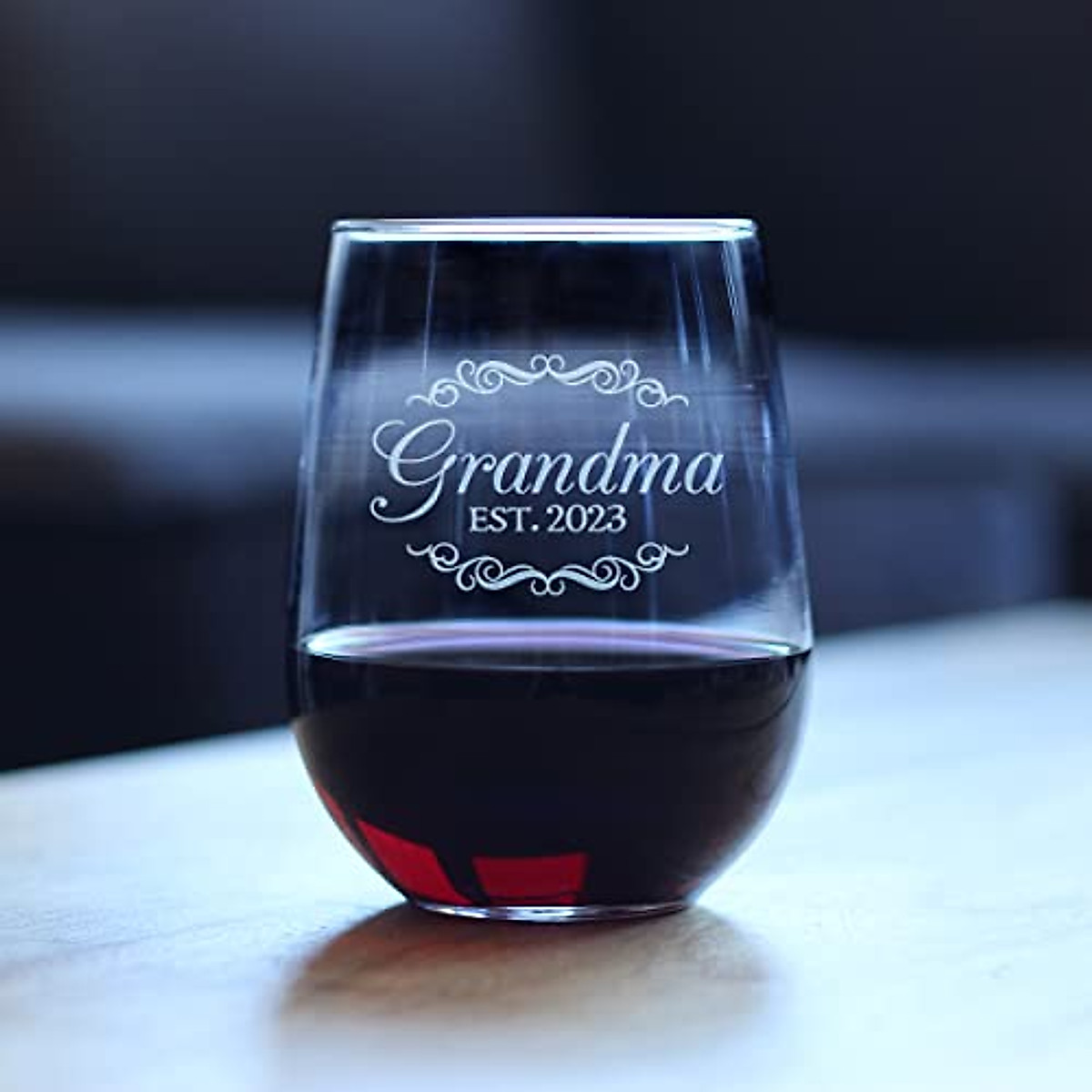 Grandma Est 2023 - New Grandmother Stemless Wine Glass Gift for First Time Grandparents - Decorative 17 Oz Large Glasses