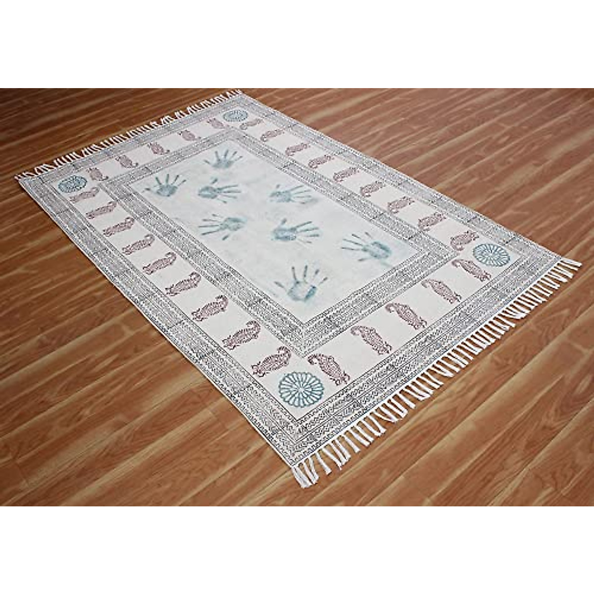 Casavani Hand Block Printed Cotton Dhurrie Bordered Blue & Brown Area Rug Doormat Floor Rug Indoor Area Rugs for Bedroom Living Room Laundry Room 6x8 Feet