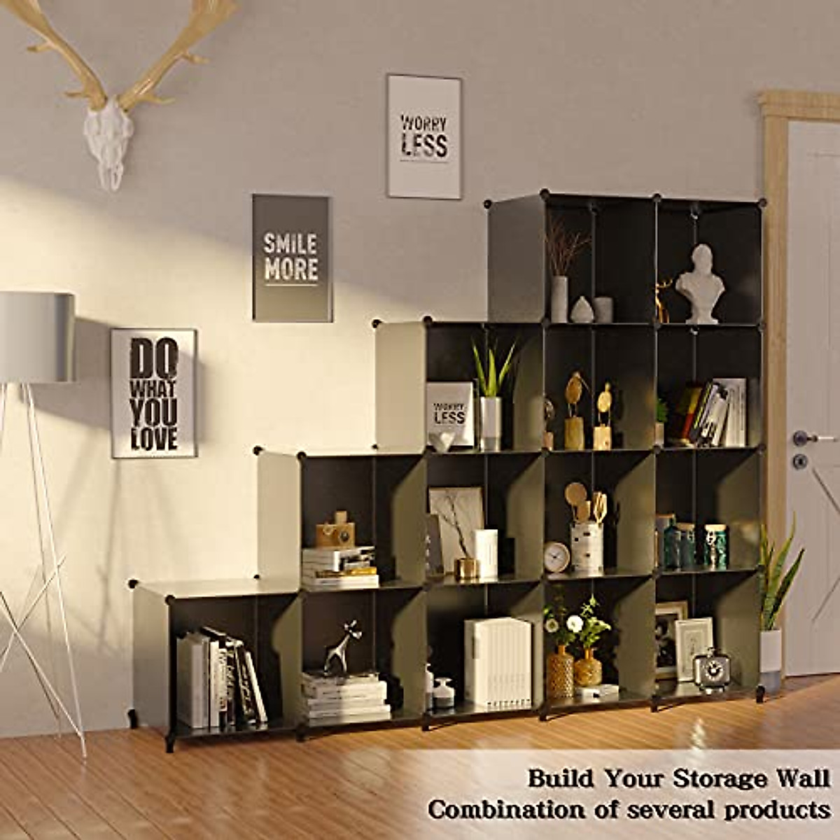 Homywish Cube Storage Organizer 12 Cube Closet Storage Shelves with Wooden Hammer DIY Closet Cabinet Room Storage Bookshelf Plastic Square Organizer Shelving for Home, Office, Bedroom, Black…
