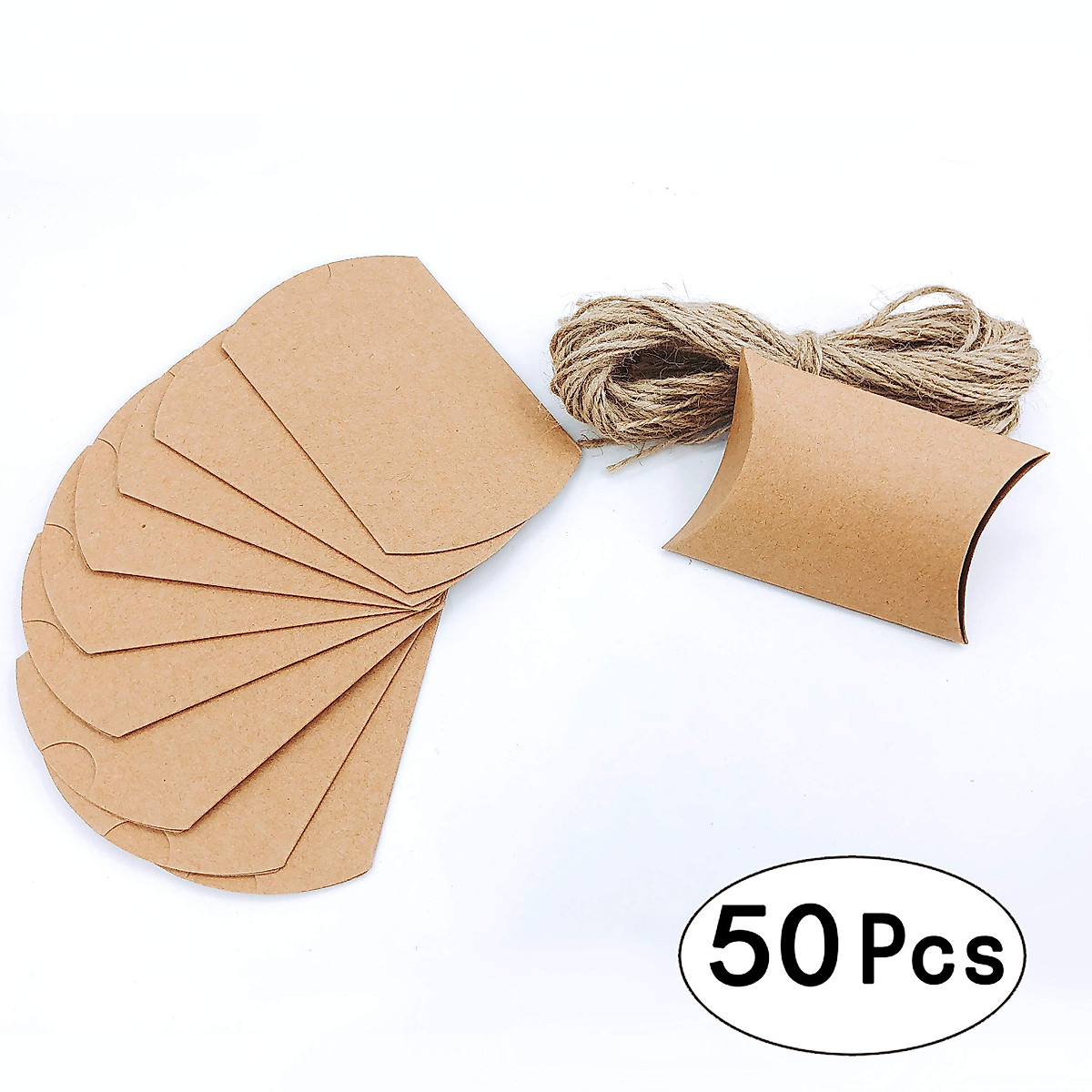 Vintage Kraft Paper Pillow Candy Box Thank You Treat Box Kit Rustic Gift Boxes with Twine for Wedding Favors Baby Shower Birthday Party Supplies, 50pc