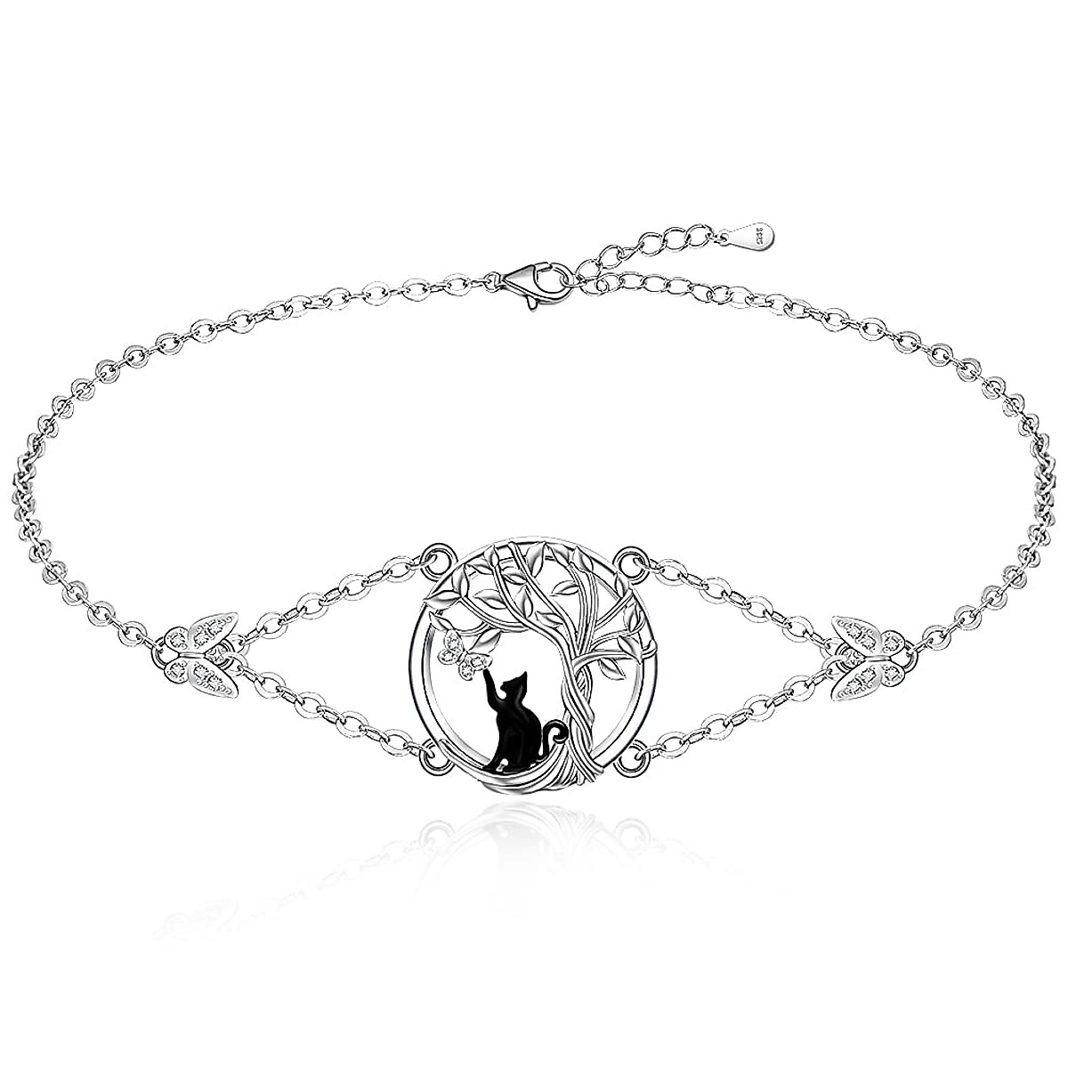 Black Cat Bracelet for Women Tree of Life Sterling Silver Cat Bracelets Black Cats Halloween Cats Lover Gifts