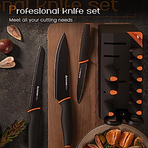 Knife Set, Astercook 15 Pcs Dishwasher Safe Kitchen Knife Set with Built-in Sharpener, High Carbon German Stainless Steel Black Knife Block Set