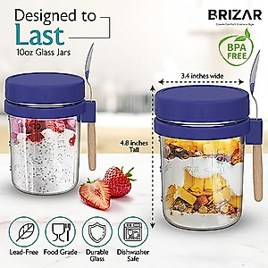 BRIZAR Glass Overnight Oats Containers with Lids - Airtight Overnight Oats Jars & Recipe Book - Overnight Oats Container for Food Storage, Oatmeal, Chia Pudding, Fruit, Yogurt - 2 Pack, 10 oz