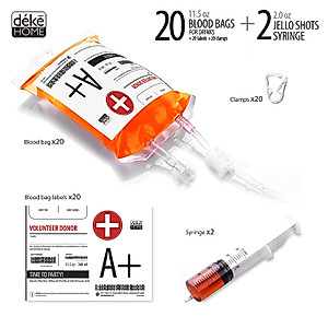 Blood Bag drinking. Set of 20 fake iv Blood Bags for Drinks, 11.5Oz, with Extra Syringe Set of 20 Labels and Clips. Drink pouches Halloween/Vampire/Zombie/Nurse Graduation/decorations Party suplies