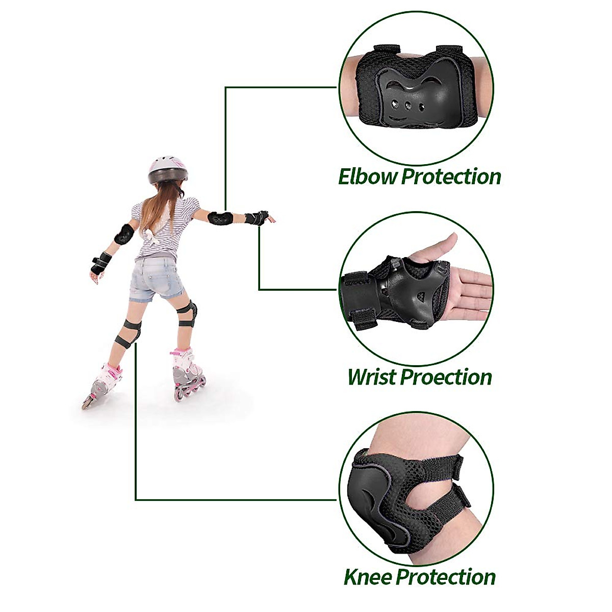 Knee Pads for Kids Knee and Elbow Pads with Wrist Guards Youth Protective Gear Set for Cycling Roller Bike Inline Skateboard Scooter Skating Skates Pads Toddler Girls Boys Kids 3-8 Years Old(Black)