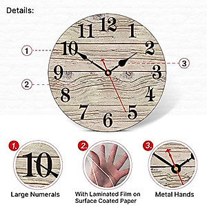TAHEAT 14 Inch Wooden Simple Brown Wall Clock, Non Ticking Silent Clocks, Retro Accurate Arabic Numeral Clocks, Easy to Read Wall Clocks for Kitchen/Living Room/Bedroom