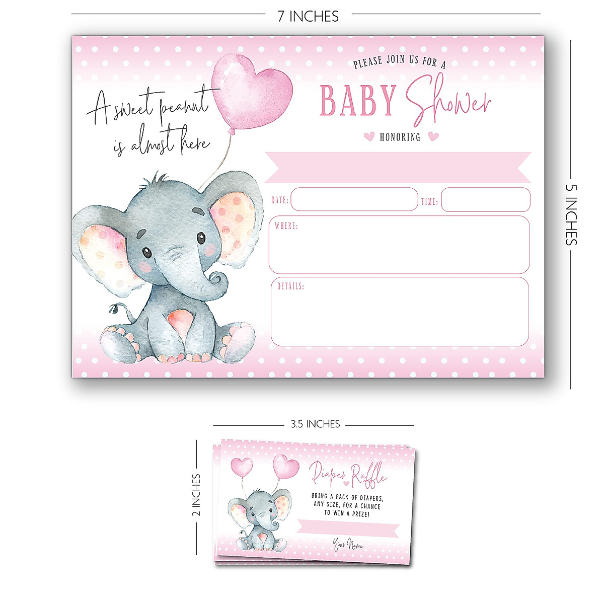 Your Main Event Prints Elephant Girl Baby Shower Invitations, Peanut Baby Shower Invites with Diaper Raffles Cards, Sprinkle, 20 Invites Including Envelopes