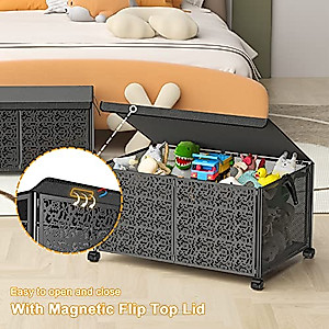 SHIISEWE Toy Storage Box, Metal Toy Organizers and Storage Bins, Large Toy Box for Boys Girls, 70L Toys Storage Chest with Wheels, Collapsible Kids Toy Storage Organizer for Nursery, Playroom