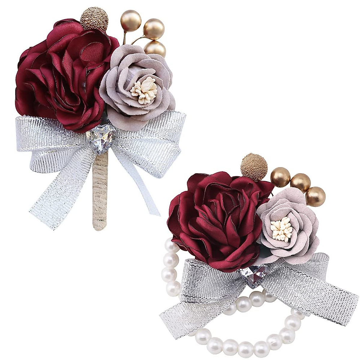 WANLIAN Wrist Corsage,Corsage and Boutonniere Set Bridesmaid Wedding Flower Corsages And Hand Flower Set of 2 for Wedding Prom Party (Red)