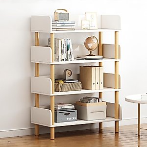 GIFZES 4-Tier Wooden Shelf Bookcase, Modern Freestanding Bookshelf, Small Open Bookcase with Side Panels and Solid Wood Frame, White Bookcase Storage Rack Display Stand for Home and Office Warm White