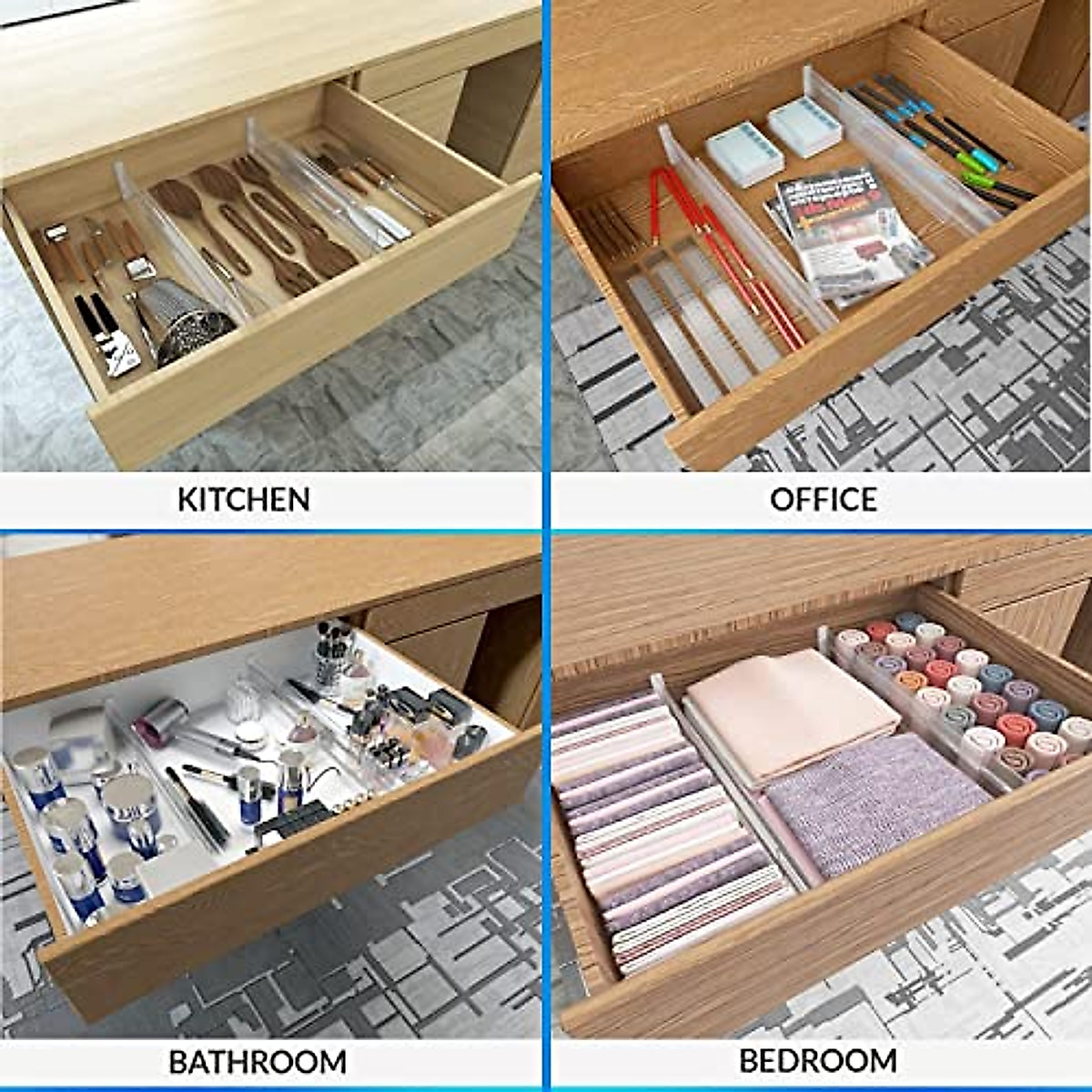 WJWSKI Drawer Dividers and Organizers 2 Set, 11-19" Expandable Dresser Drawers Dividers, 8cm Deep Drawer Separators for Clothing Storage, Adjustable Drawer Divider for Kitchen Utensils, Clear Plastic
