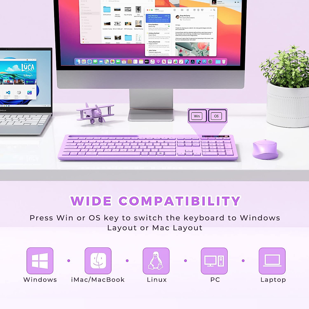 Keyboard and Mouse Wireless, Vivefox Wireless Keyboard with Phone Holder USB A & Type C Receiver Cute Keyboard and Mouse Compatible for Windows, Mac, MacBook/Air/Pro Computer (Purple)