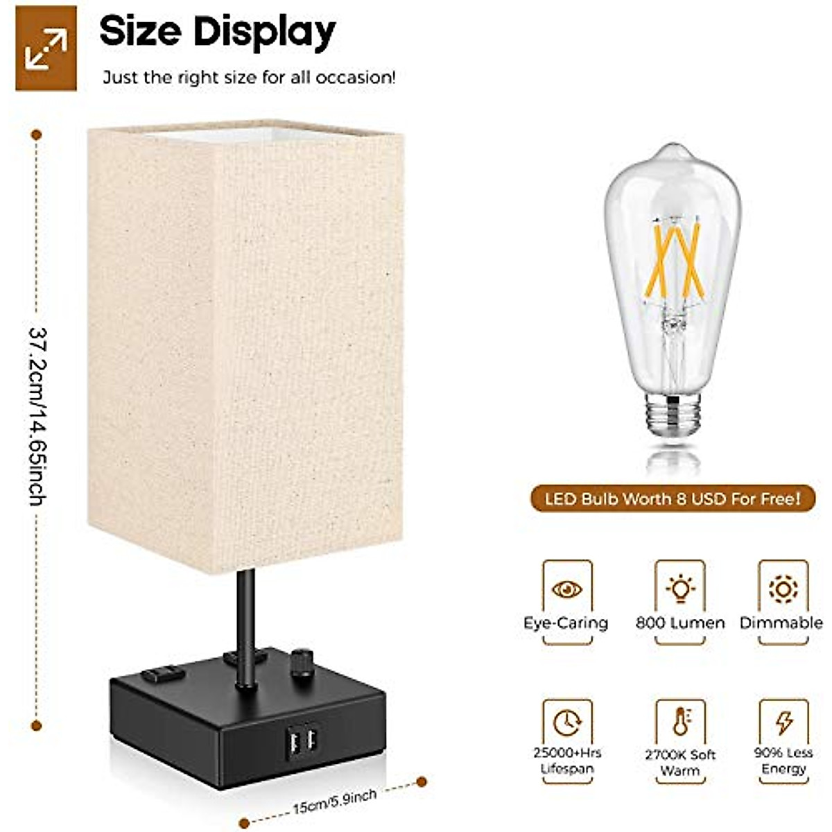 Upgraded Fully Dimmable USB Bedside Table Lamp Set of 2, Nightstand Table Lamps with 2 USB Charging Ports 2 AC Outlets, Square Fabric Shade Modern Desk Lamp Set for Bedroom Living Room, Bulbs Included