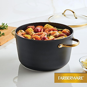 Farberware Forged Induction Ceramic Nonstick Cookware Stockpot with Lid, Dishwasher Safe, Suitable for All Stovetops, 6 Quart Soup Pot, Stockpot - Black and Gold