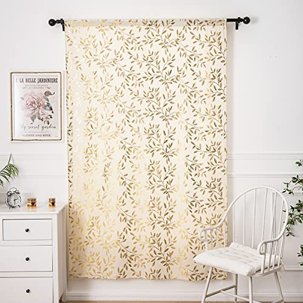 Deeprove Velvet Curtain 63 Inch Length, Glitter Metallic Sparkle Gold Leaves Bronzing Foil Print, Semi-Blackout Window Treatment Drape for Bedroom Xmas Decor Rod Pocket, 1 Panel W52 x L63, Cream White